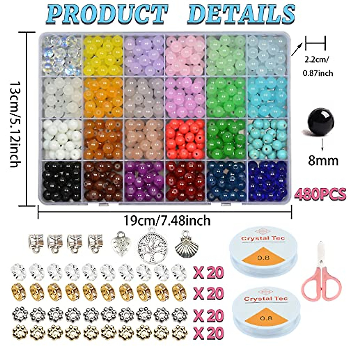 AIFNIY 570PCS Glass Beads for Jewelry Making 8mm Turquoise 24 Colors Crystal Beads Bracelet Making Kit Loose Round Gemstone Stone Spacer Chakra Energy Healing Beads Bulk DIY Crafts (Kit A)