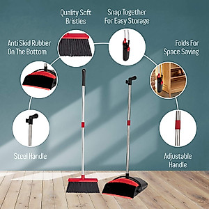 Broom and Dustpan Set - Strongest NO MORE TEARS 80% Heavier Duty - Upright Standing Dust Pan with Extendable Broomstick for Easy Sweeping - Easy Assembly Great Use for Home Kitchen Room Office Lobby