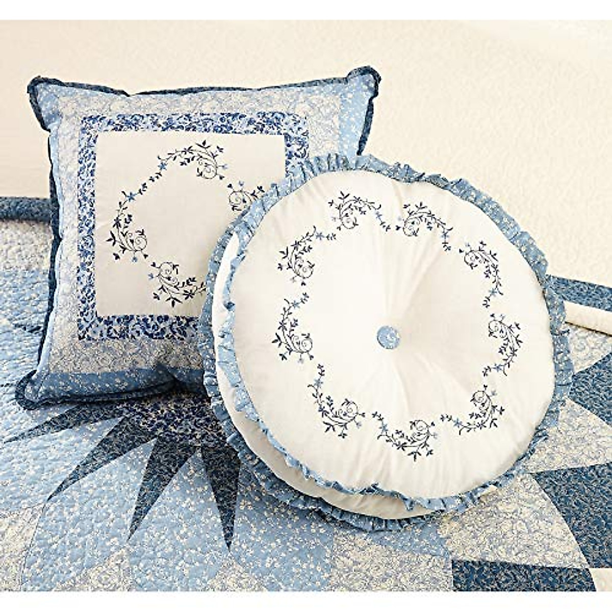 Modern Heirloom Collection Charlotte Square Embroidered Decorative Pillow 16x16'' Bedspread, Blue