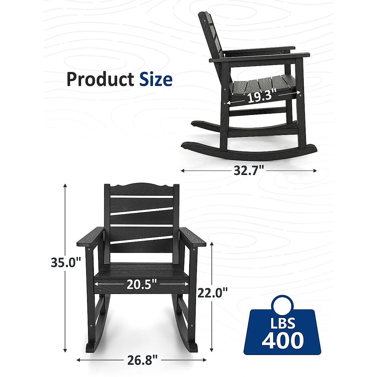 Weatherproof Patio Rocking Chair, HIPS Outdoor Rocking Chair for Adults, 400LBS Support Heavy Duty Porch Rocking Chairs for Garden, Lawn, Backyard, Outdoor and Indoor (Black)