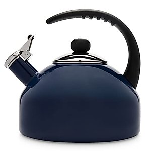 Farberware Omega Tea Kettle, Whistling Tea Pot, Works For All Stovetops, Porcelain Enamel on Carbon Steel, BPA-Free, Rust-Proof, Stay Cool Handle, 2.75 quart (11 cups) Capacity (Blue)