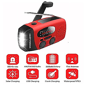 2000mAh SOS Alarm Emergency Weather Radio, 3LED Type-C Hand Crank Solar Battery Operated Wind Up Radio Flashlight, NOAA AM FM Portable Radio Cell Phone Charger Survival Kit (Red)