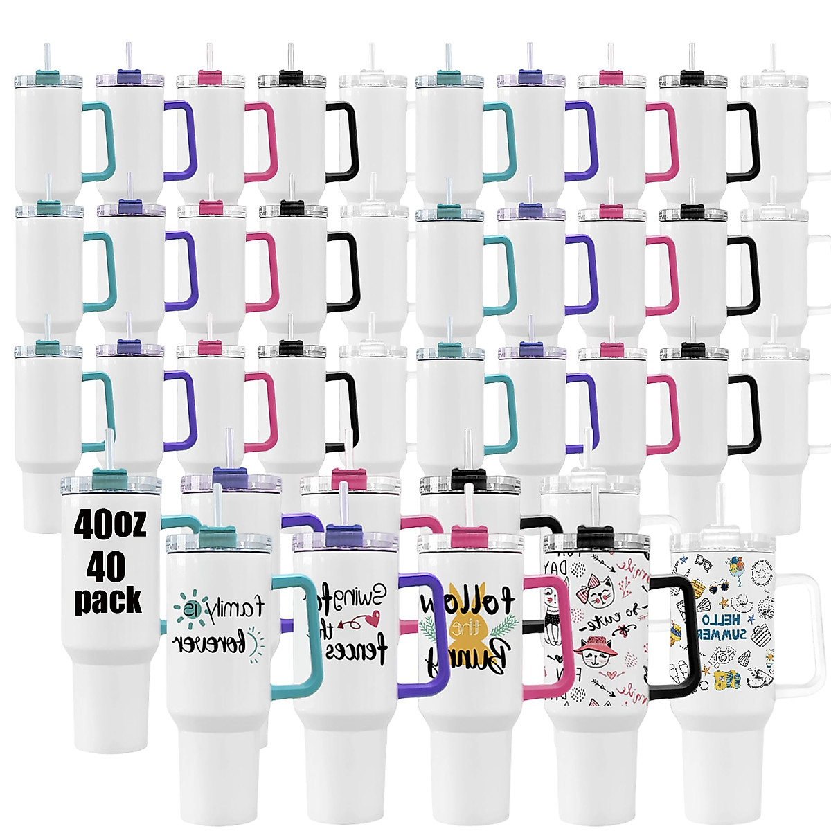Icesip 40pack 40oz sublimation tumbler with 5 colour Handle Lid and Straw,Stainless Steel Double Wall Vacuum Insulated Travel Mug Cup Tumblers for Diy Craft Heat Press Print