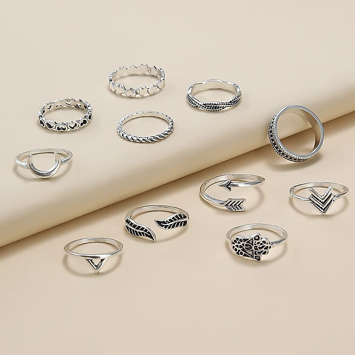 Jumwrit Bohemian Knuckle Rings Set Vintage Finger Rings Set Midi Rings Love Heart Ring Index Rings Silver Band Ring Stackable Rings for Women（11PCS）