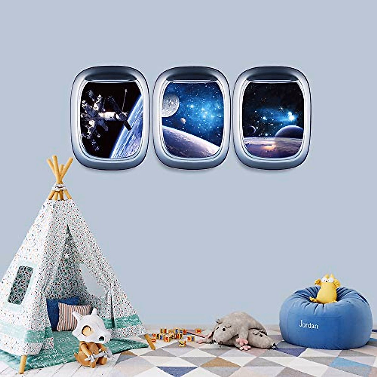 3D Space Capsule Window Wall Stickers Universe Outer Space Wall Decals，Peel and Stick Removable Astronaut Decal for Bedroom Living Room Kids Room Door Home Decor(Each pcs: 23" x 17")