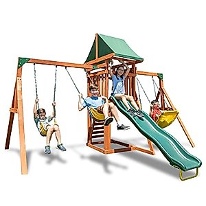 Sportspower Amazon Exclusive Sherwood Wood Swing Set with 3 Swings, Slide, and Covered Deck, Natural/Green