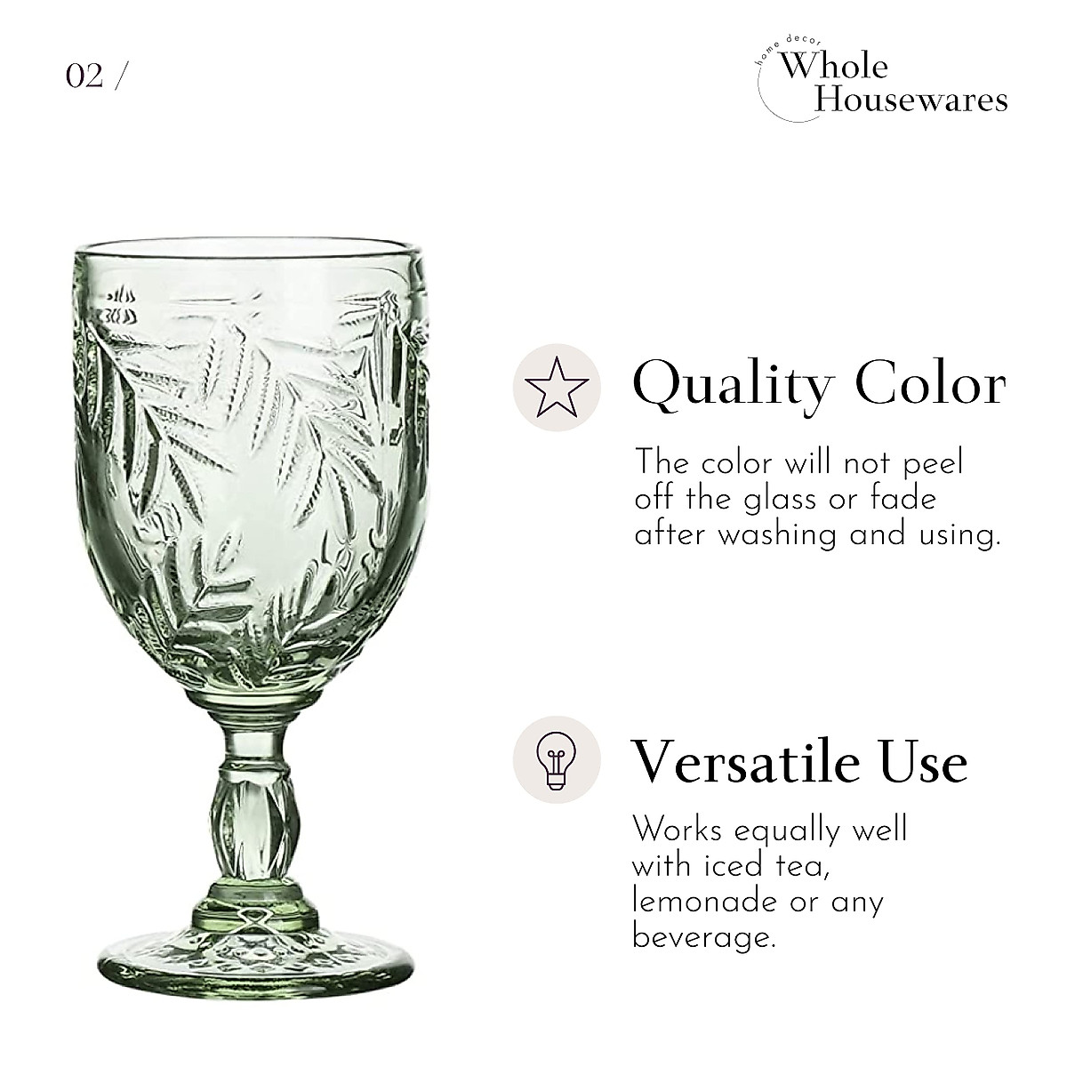 WHOLE HOUSEWARES | Coloured Green Vintage Wine Glass Goblet | 8.5 oz Embossed Design | Wedding, Party Glass Set of 6 (Green)