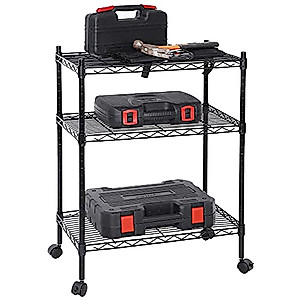 SUPER DEAL 3-Shelf Adjustable Heavy Duty Storage Wire Shelving Unit with Wheels, Metal Organizer Wire Rack Microwave Utility Cart, Black (24L x 14W x 31H)