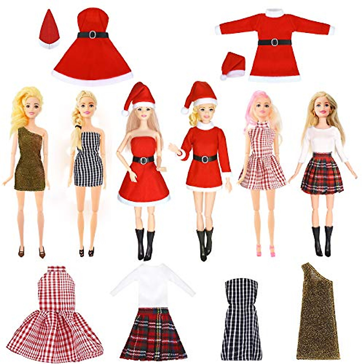 Cholung 6 Sets Christmas Doll Dresses with 2 Pairs Black Boots 11.5 Inch to 12 Inch Doll Christmas Clothes Sets Christmas Doll Dresses Suits for Little Girl