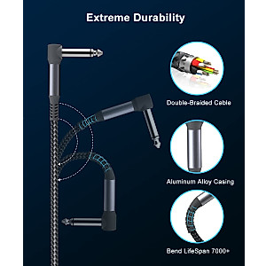 Elebase Guitar Pedal Patch Cables 6-Pack, 6 Inch 6.35MM Effects Pedal Board Cord 1/4'' Right-Angle Braided Flat Audio Cable Shielded TS Copper Male Connector for Microphone Amp/Amplifier Mixer