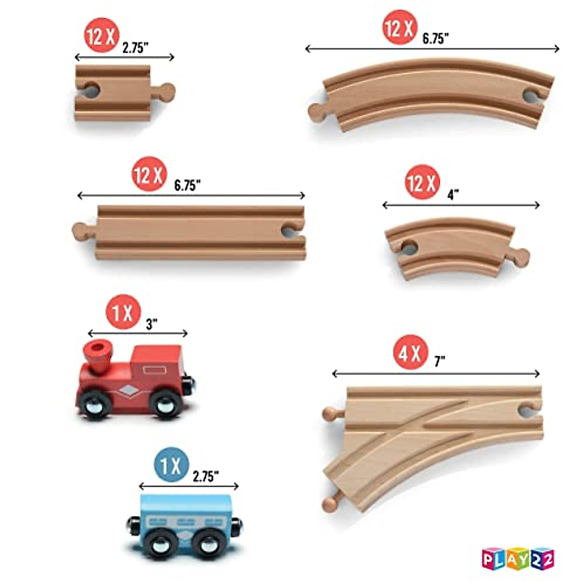 Play22 Wooden Train Tracks - 52 PCS Wooden Train Set + 2 Bonus Toy Trains - Train Sets for Kids - Car Train Toys is Compatible with Thomas Wooden Railway Systems and All Major Brands - Original