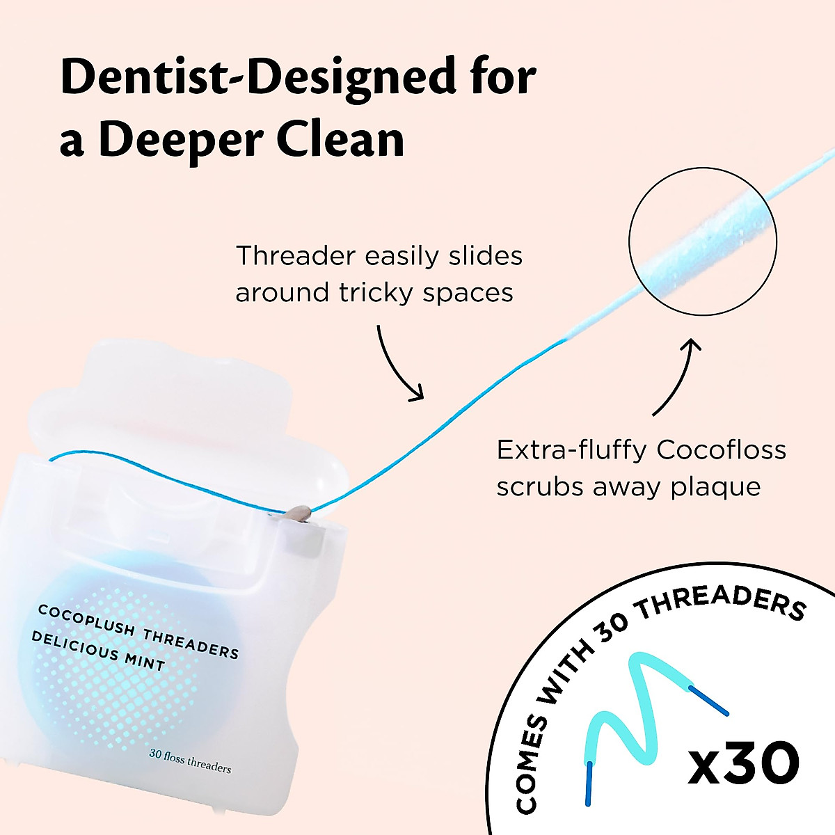 Cocofloss CocoPlush Threaders, Dental Floss for Implants, Bridges, and Braces, Mint, Waxed, Dentist-Designed Oral Care with Coconut Oil, 30 Per Pack