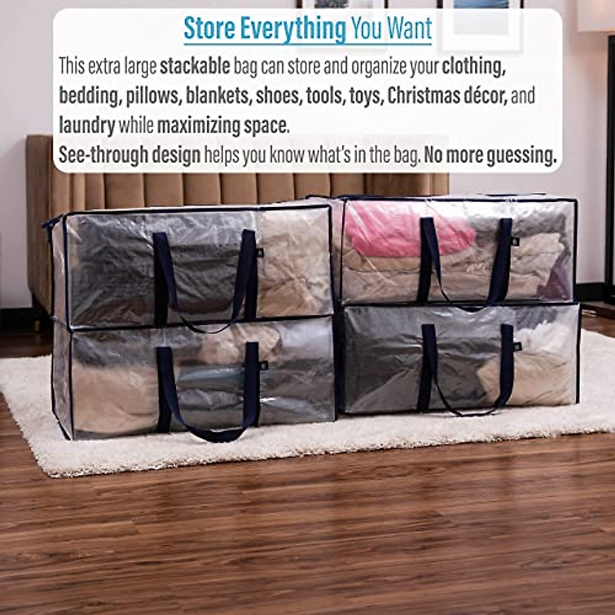 VENO 8 Pack Heavy Duty Extra Large Clear Storage Bag, Moving Bag, Clothes Organizer, for Blanket, Comforter, Bedroom Closet, Dorm Room Essentials, Moving Supplies, Storage Tote, Reusable and Sustainable (Clear - Set of 8)