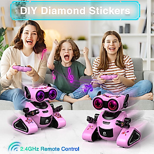 Yerloa Girls Robot Toys with 3D Stickers for 3-5, Baby Easter Toys Remote Control Robot Toy for Kids with Music and 4 Color LED Eyes, Singing, Dancing, Birthday for Boys Girls Aged 3 4 5 6 7 Year Old