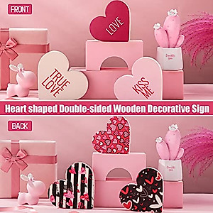 Yulejo 3 Pieces Valentine's Day Wood Sign Heart-Shaped Wood Letter Double-Sided Wooden Heart Decorative Sign Table Centerpiece Decor for Valentine's Day