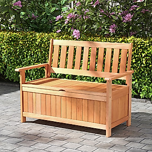 Tangkula 48 Inch Patio Storage Bench, Wood Storage Loveseat with 34.2 Gal Inner Space, Entryway Large Deck Box w/Slatted Backrest, Wooden Storage Seat for Backyard, Garden