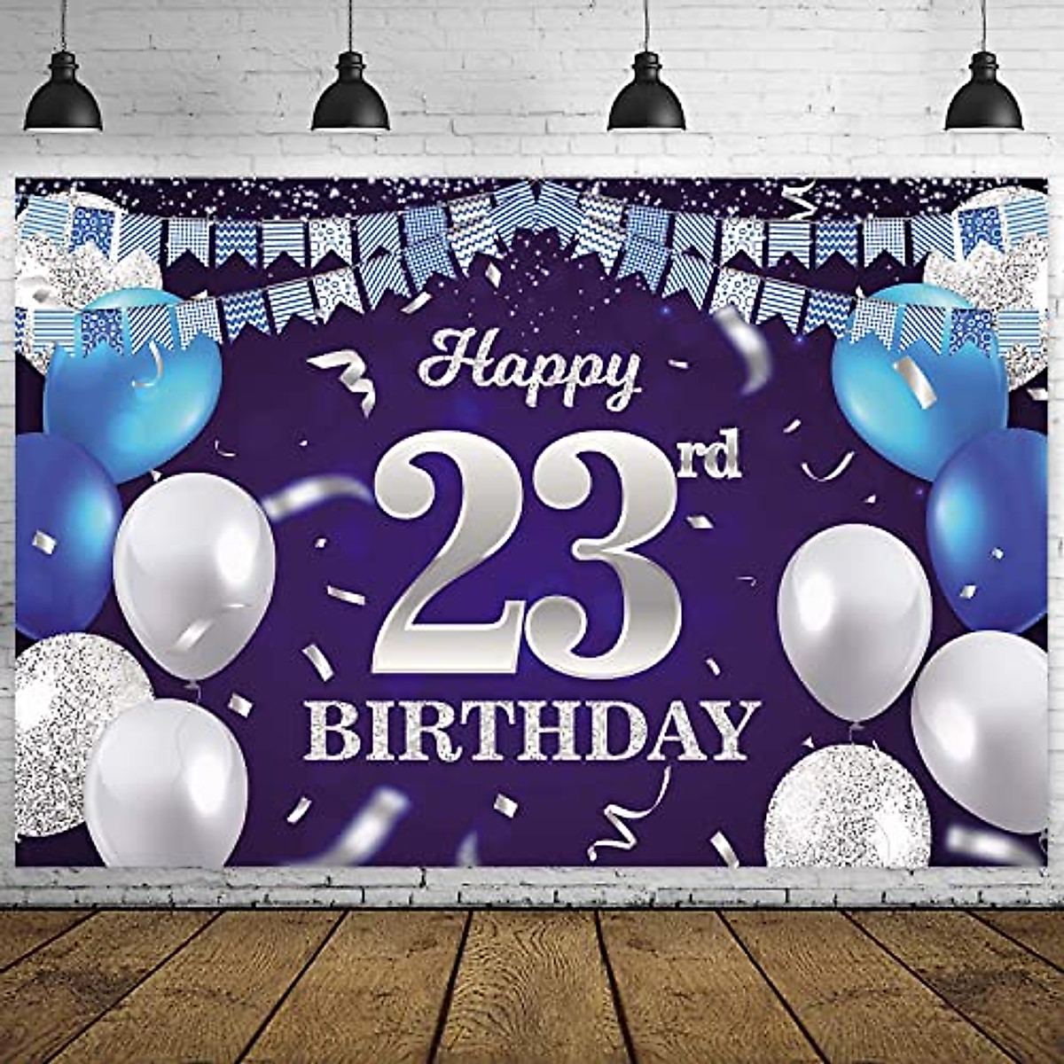 Happy 23rd Birthday Banner Backdrop Navy Blue Balloons Confetti Stripe Flag Light Spots Cheers to 23 Years Old Theme Decorations Decor for Women Men 23rd Birthday Party Bday Supplies Glitter Silver