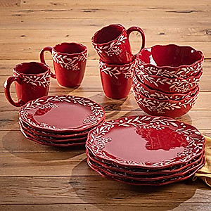 Bianca Mistletoe Holiday Round Dinnerware Set – 16-Piece Ceramic Dinner Party Collection w/ 4 Dinner Plates, 4 Salad Plates, 4 Bowls & 4 Mugs – Unique Gift Idea for Any Special Occasion, Red