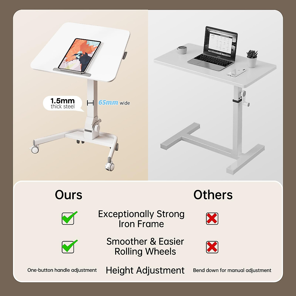 Joy Seeker Foldable Mobile Standing Desk, Pneumatic Height Adjustable and Tilt Rolling Sit Stand Desk, 90° Tiltable Portable Laptop Desk Cart on Wheels White Workstation for Home Office, Easy to Fold