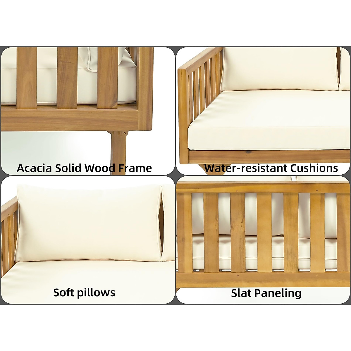 Merax Outdoor 3 Seater Daybed, Acacia Wood Day Bed Couch Sofa with Cushions for Patio Backyard, Garden, Beige