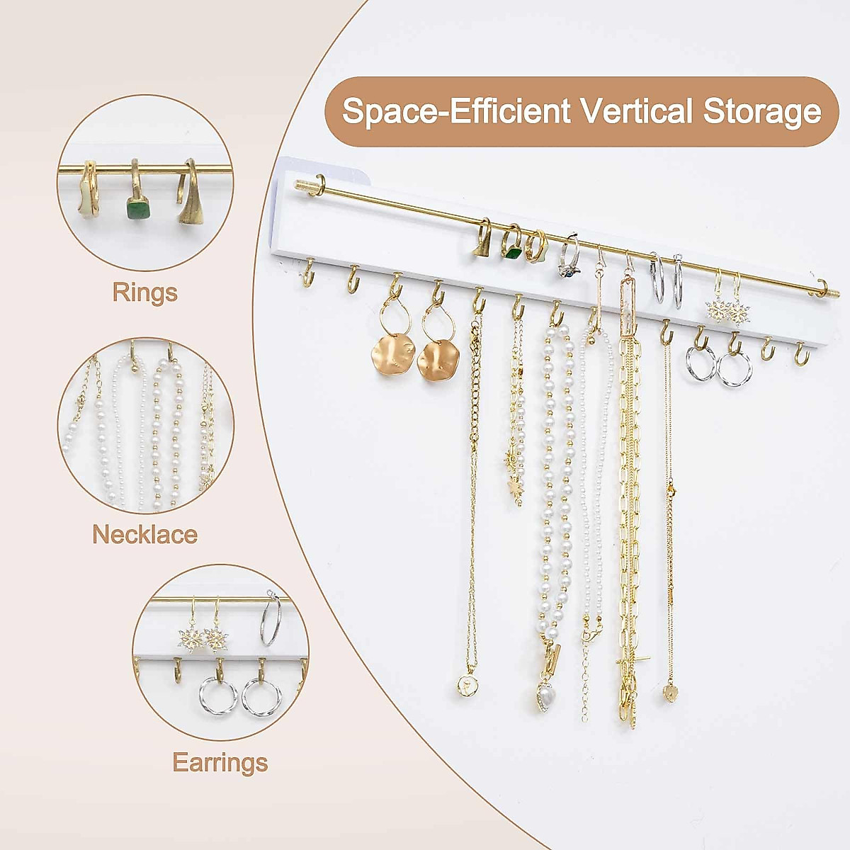 SCUNDA Wall Jewelry Holder Organizer, Adhesive Jewelry Organizer Wall Mount, Space-saving Jewelry Rack with 14 Hooks and Holder, Wooden Jewelry Shelf for Necklace, Earing, Ring, Bracelet(White)