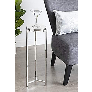 Kate and Laurel Aguilar Glam Drink Table, 8" x 8" x 23", Silver and White, Transitional Tea Table and Plant Stand with Marble Tabletop