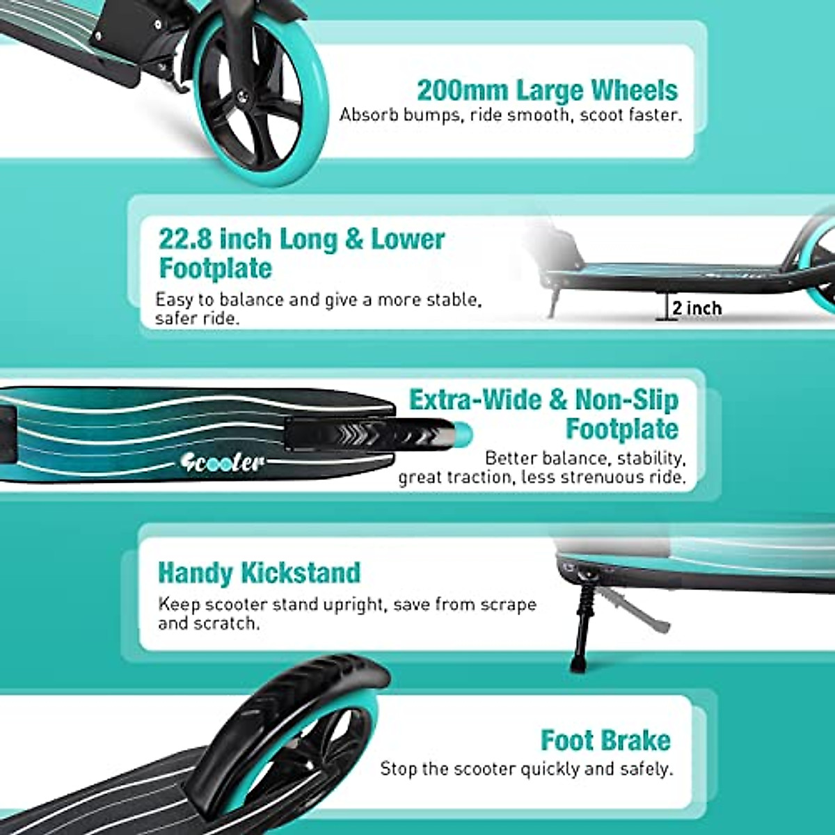 BELEEV V5 Scooters for Kids 6 Years and up, Folding Kick Scooter 2 Wheel for Adults Teens, 4 Adjustable Handlebar, 200mm Big Wheels, Lightweight Sports Commuter Scooter, up to 220lbs(Auqa)