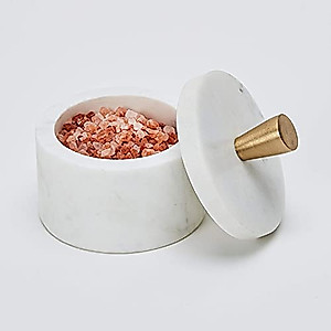 Queenza White Marble Salt Cellar with Lid and Brass Knob, 3 Inch Salt Box