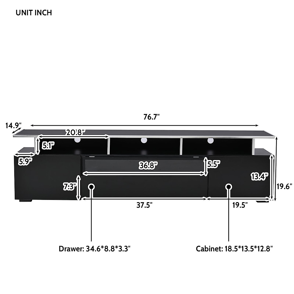 NOLLAM 76.7 "Modern TV Stand, Entertainment Center with Push to Open Doors and LED Color Changing Lights, High-Gloss Media Console for TVs Up to 80", TV Cabinet TV Table for Living Room, Black