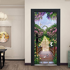 Izielad 3D Garden Flowers Self-Adhesive Door Wallpaper Murals Wall Stickers Peel and Stick Door Poster for Home Decoration Vinyl Removable Art Decal 30.3" x78.7