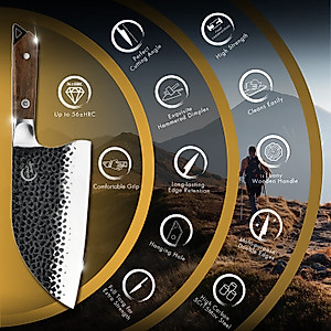 [Full Tang]Butcher Knife Handmade Forged Kitchen Chef Knife Grandsharp Pro Razor Sharp Serbian Clad Steel Meat Vegetable Chopping Cutting Cleaver with Leather Knife Sheath