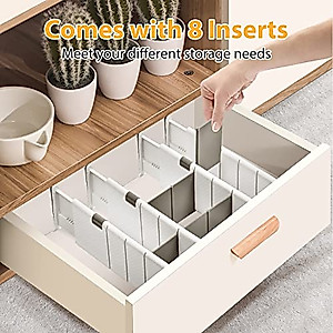 JONYJ Drawer Dividers Organizer 4 Pack, Adjustable Separators with 8 Inserts 4" High Expandable from 11-17" for Bedroom, Bathroom, Closet, Clothing, Office, Kitchen, Strong Secure Hold, White