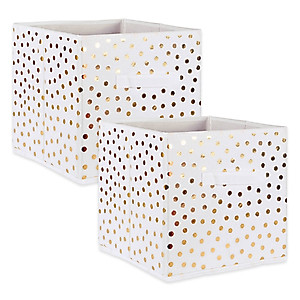 Set of 2 White and Gold Polka Dot Cube Storage Bin 13"