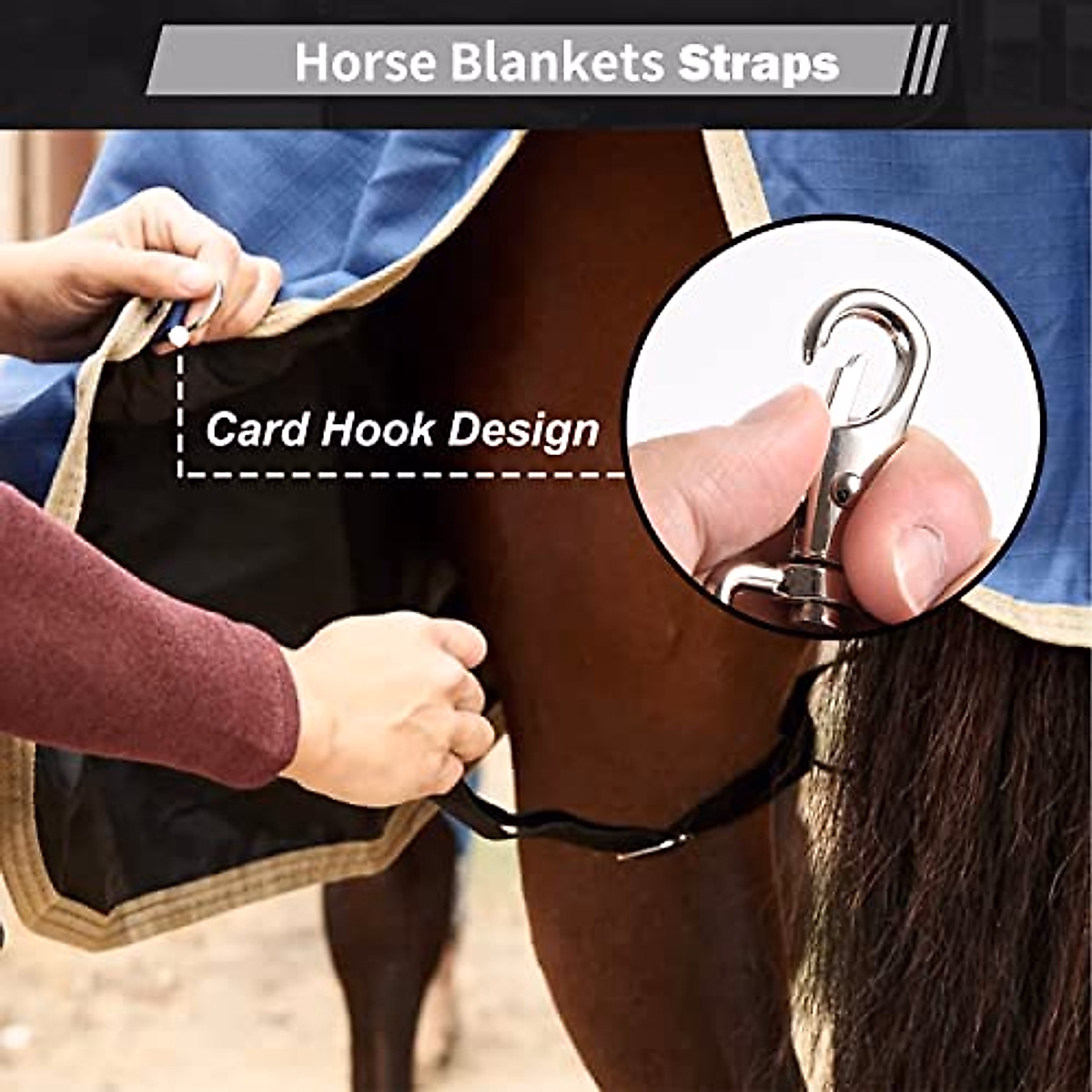 Premium Horse Blanket Sheet Leg Straps, Replacement Stretchy Belly Strap with Double Swivel Snaps, Adjustable Length from 24 to 42 Inch Black(2 Pcs)