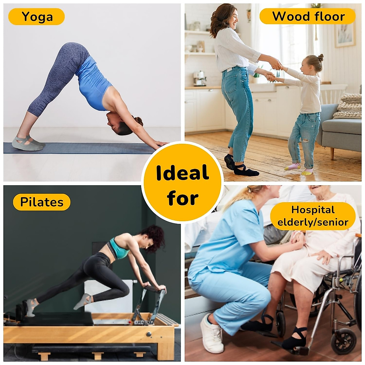 RATIVE X-Cross Anti Slip Non Skid Barre Yoga Pilates Hospital Socks with grips for Adults Men Women (Large, 5-pairs/Line)