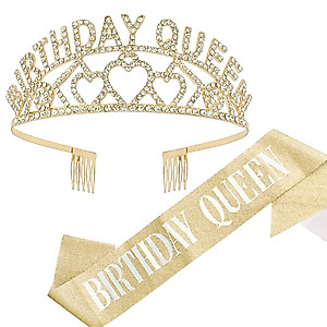 AOPRIE Birthday Tiara for Women Gold Birthday Queen Sash & Headband Happy Birthday Tiara and Crown for Women Rhinestone Crystal Decor
