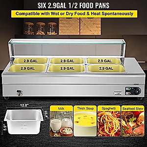 110V Electric Countertop Food Warmer - 6 Pan x 1/2 GN, Commercial Food Steam Table with 6-Inch Deep Pans, Food Grade Stainless Steel, 1500W, 66 Quart Capacity, Tempered Glass Shield