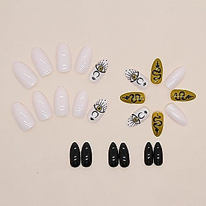 KASOICRA Almond Press-on False Nails, 24 Pcs, Nude, Glossy, Modern Snake and Moon Design, Full Cover, Gel Material, Animal Print Pattern, 1 Set, 1 Pack
