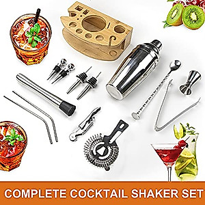 Cocktail Shaker Set Bartender Kit 13 Piece, Cocktail Kit Bar Set, Shaker Cocktail Kit with Bamboo Stand, Mixing Spoon, Muddler, Bottle Stoppers, Liquor Pourers, Strainer