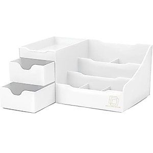 Uncluttered Designs Makeup Organizer With Drawers — Modern Countertop Storage for Cosmetics — Chic Vanity Holder for Perfume, Skincare, Brush, Lipstick, Nail Polish Organization and Display (White)
