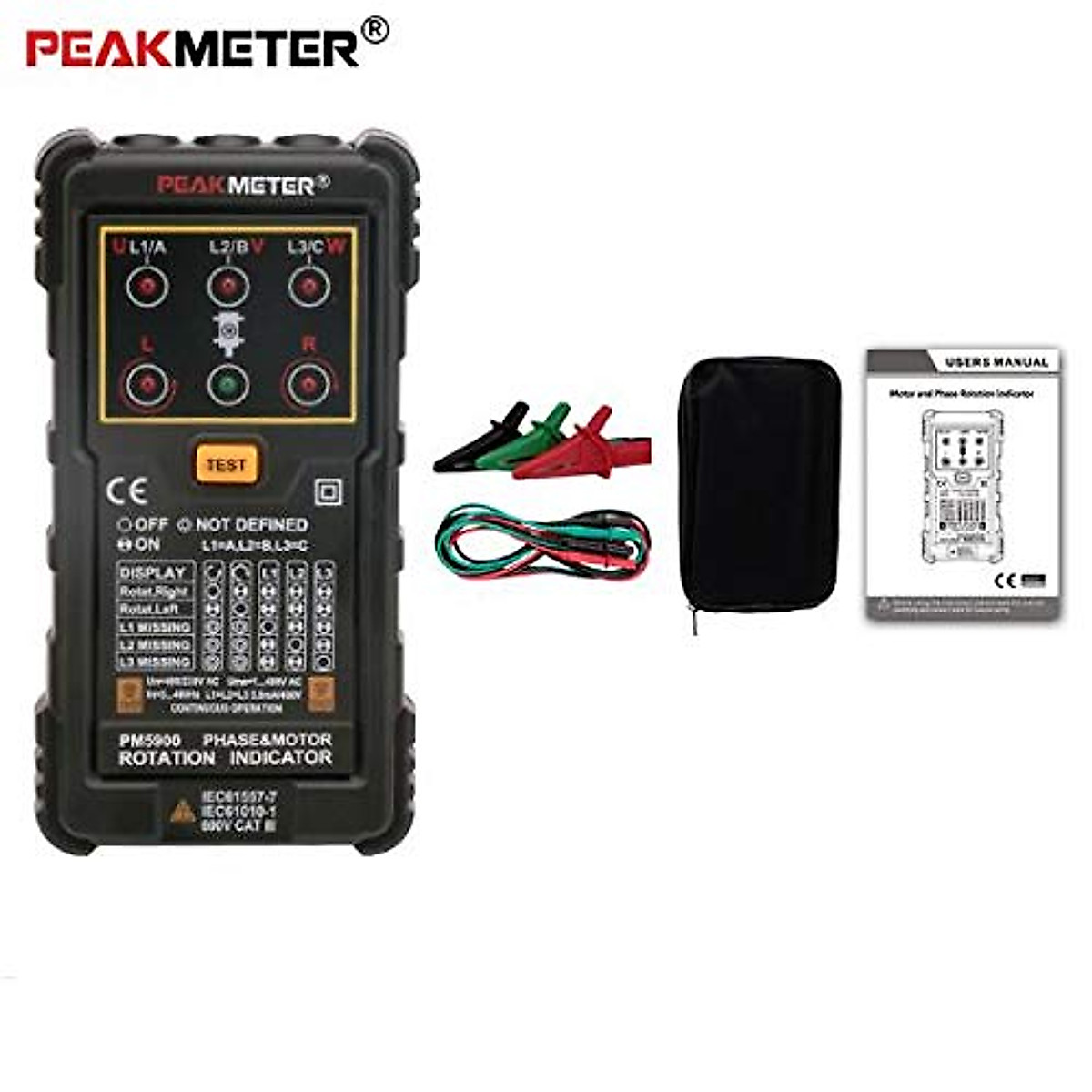 PEAKMETER PM5900 3 Motor Rotation Indicator Meter Sequence Tester Rotary Field Indicator 3 Phase System Motor Testing Multimetro