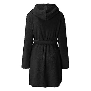 Fuzzy Robe for Women Mid Length Bathrobe Belted Solid Color Plush Kimono Robe with Pockets Soft Winter Spa Robes Black