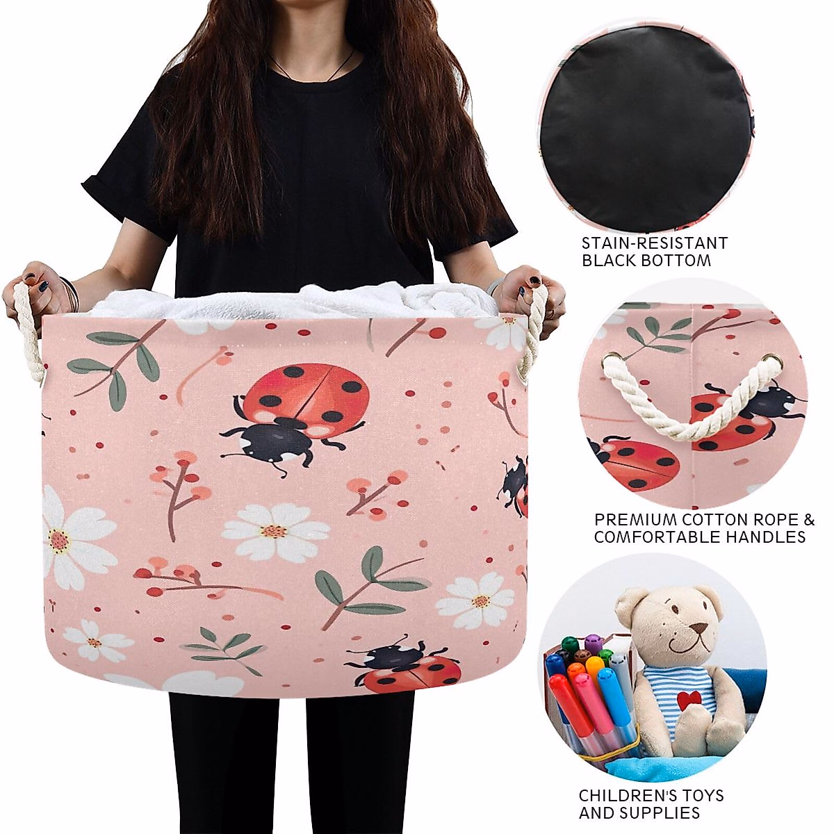 SDMKA Lady Bugs on Pink Laundry Basket Extra Large Storage Basket 20" x 14" Blanket Basket Toy Basket Decorative Cotton Rope Handle Laundry Hamper