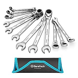 DURATECH Flex-Head Ratcheting Wrench Set, Combination Wrench Set, 72 Tooth, Metric, 12-piece, Size Covers 8-19mm, CR-V Steel, with Rolling Pouch