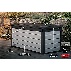 Keter Denali 150 Gallon Resin Large Deck Box-Organization and Storage for Patio Furniture, Outdoor Cushions, Garden Tools , Pool Toys, Grey & Black