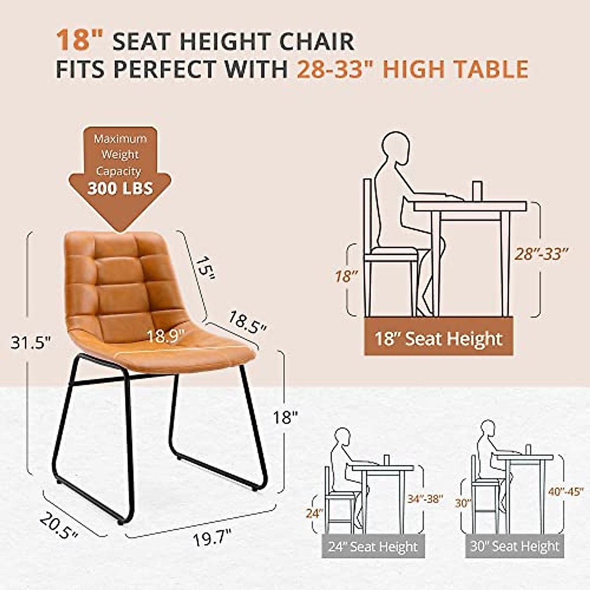 LUE BONA Indoor/Outdoor Faux Tufted Leather Dining Chairs, Urban Armless Upholstered Checkered Pattern Leather and Metal Legs, for Kitchen Island, Restaurant, Coffee Shop, 18" Set of 4, Whiskey Brown