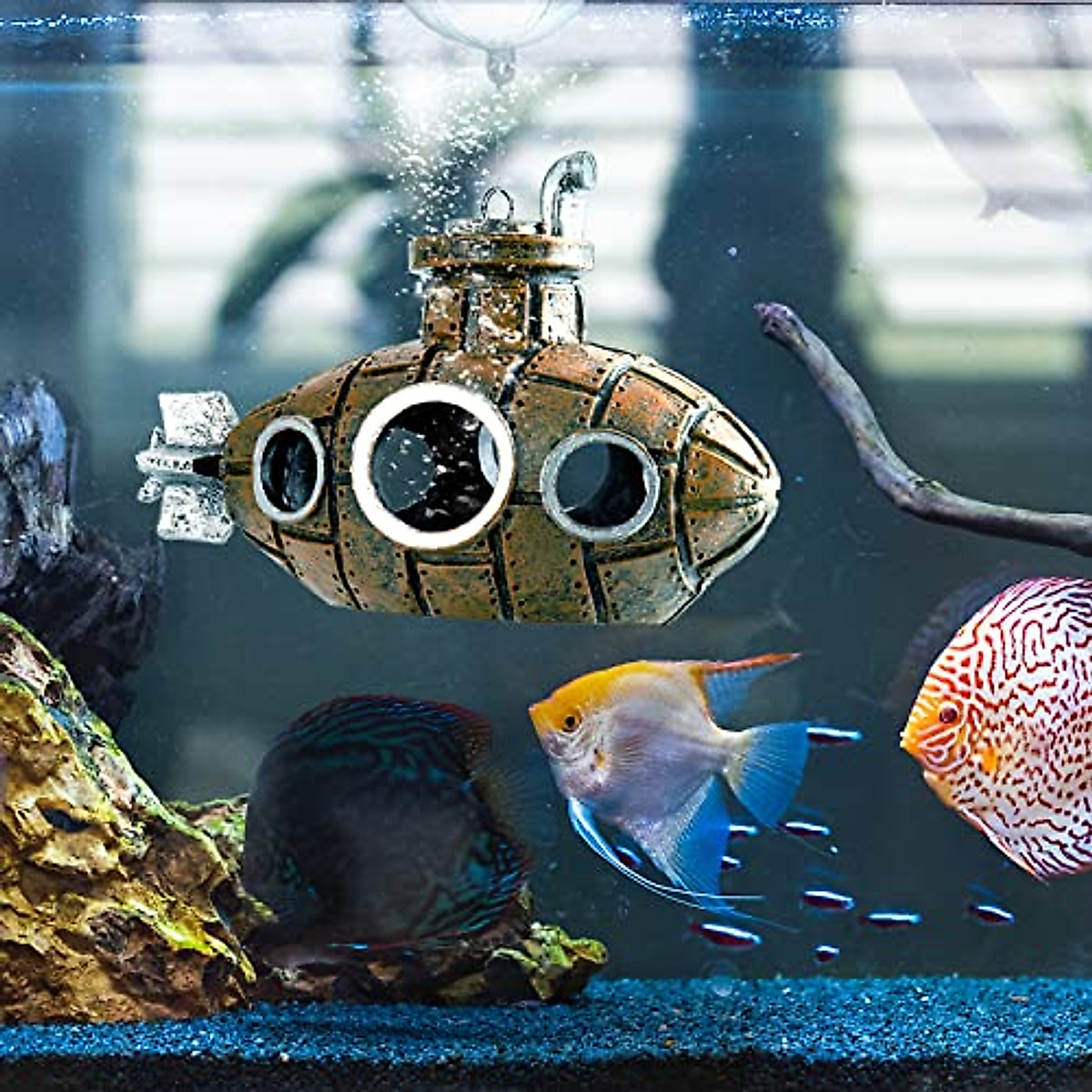 Floating Fish Tank Decoration, Little Cute Retro Submarine Aquarium Decoration with Two Float Balls , Resinous Fish Tank Accessorie, Safe Fish Toy for Betta Cichlid Goldfish Shrimps Hermit Crabs