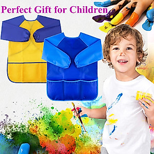 URSKYTOUS 2 Pack Kids Art Smocks Children Painting Aprons Long Sleeve Kids Smock with 3 Pockets Toddler Smocks Gifts for Art Craft, Cooking, Baking, Feeding, Age 3-7 Years, Blue and Yellow