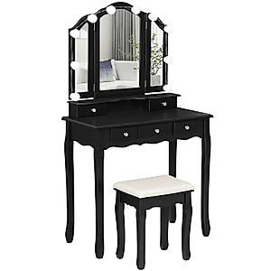 Tiptiper Makeup Vanity with Lights, Vanity Desk with 10 Light Bulbs & 3 Color Lighting Modes, Vanity Table with 5 Drawers and Cushioned Stool, Makeup Table with Tri-Fold Mirror for Women Girls, Black