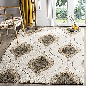 SAFAVIEH Florida Shag Collection Area Rug - 8' x 10', Cream & Smoke, Modern Ogee Design, Non-Shedding & Easy Care, 1.2-inch Thick Ideal for High Traffic Areas in Living Room, Bedroom (SG461-1179)